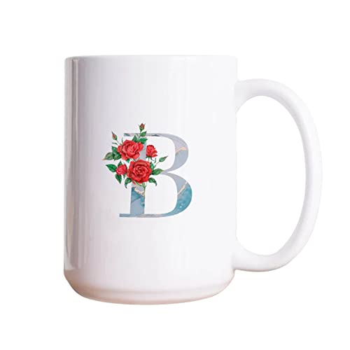 Yelolyio Watercolor Floral Monogram Coffee Mug, Alphabet Initial Letter B Coffee Cup, Monogram Mug Cup, 15oz