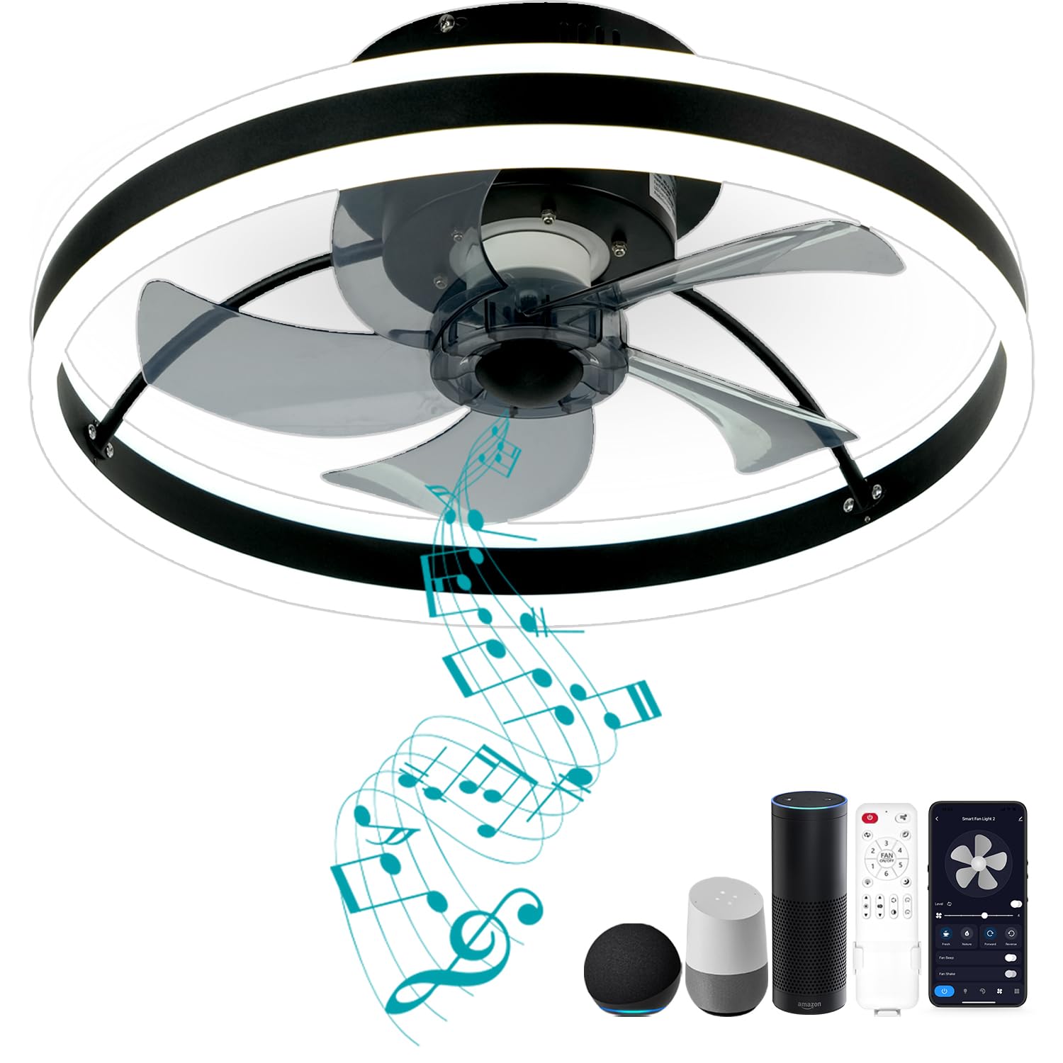 DewShrimp Low Profile Bladeless Ceiling Fan with Speaker, 19.8" Smart Fan Compatible with Alexa/Google Assistant/App Control, 6 Speed Flush Mount Dimmable LED Lights