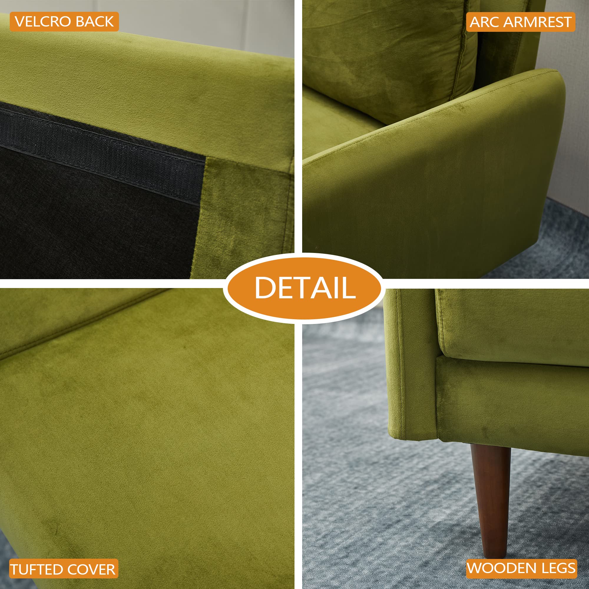INSTORY Velvet Sofa Mid-Century Modern Couch with Wooden Legs for Living Room - Army Green