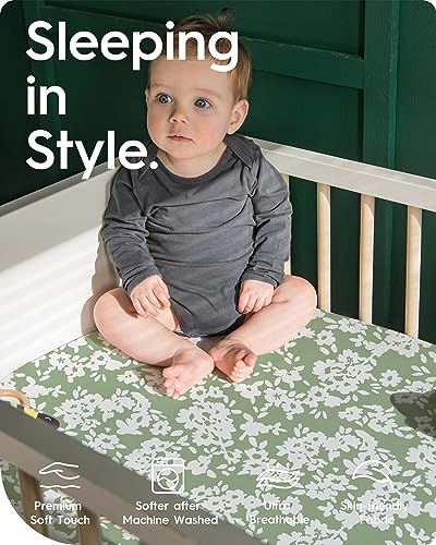 Graco Pack N Play Sheets Fitted, TotBasic Buttery Soft Portable Crib Sheets, Super Stretchy Jersey Cotton Pack and Play Sheet, Mini Crib Sheets Floral, 2 Pack Playard Sheets Cute Flower, Green & Pink