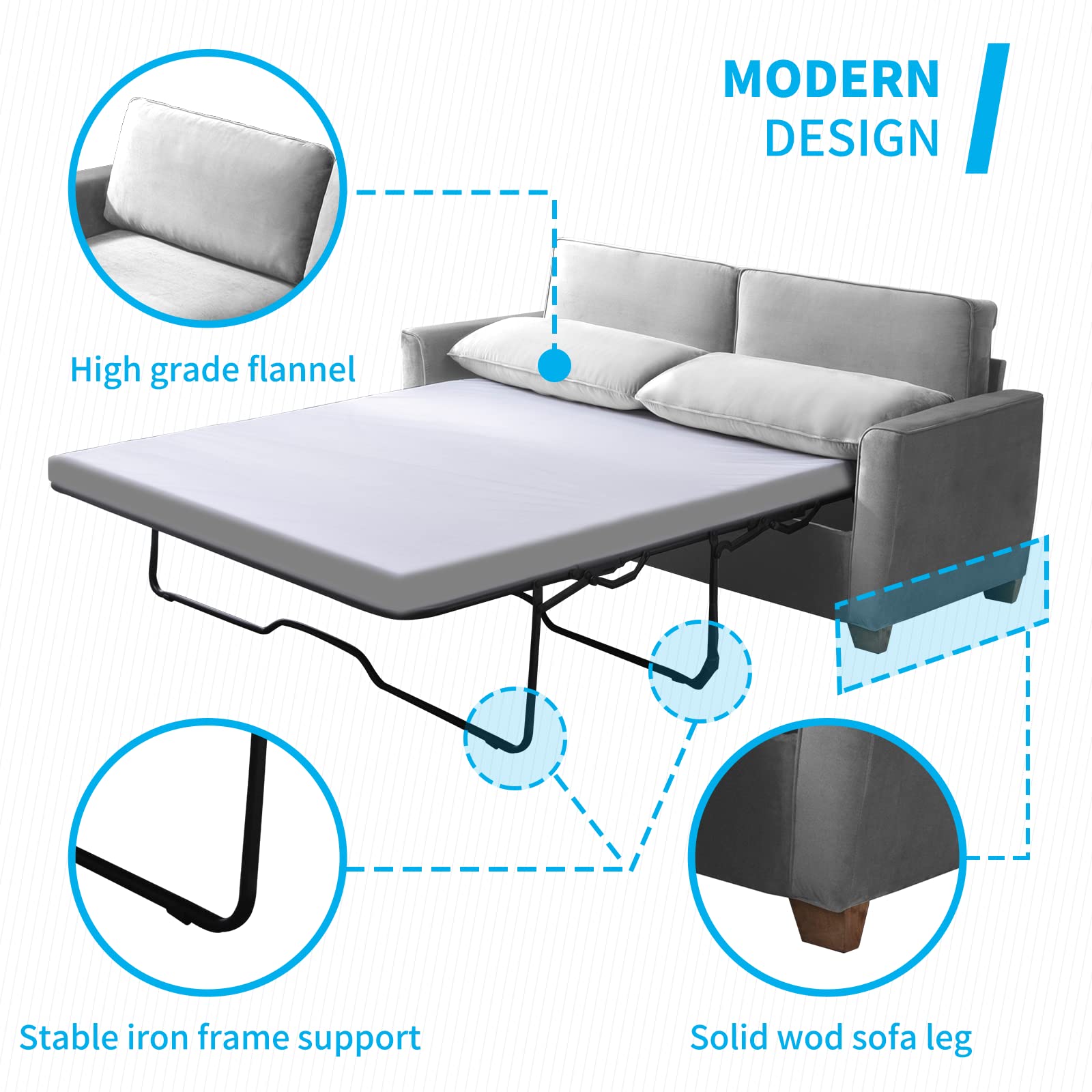 Mjkone 77" W Pull Out Sofa Bed, 2-in-1 Queen Size Loveseat Sleeper Sofa Bed with Mattress, Convertible Velvet Futon Folding Sleeper Couch Bed for Living Room, Apartment (Light Grey, Queen)