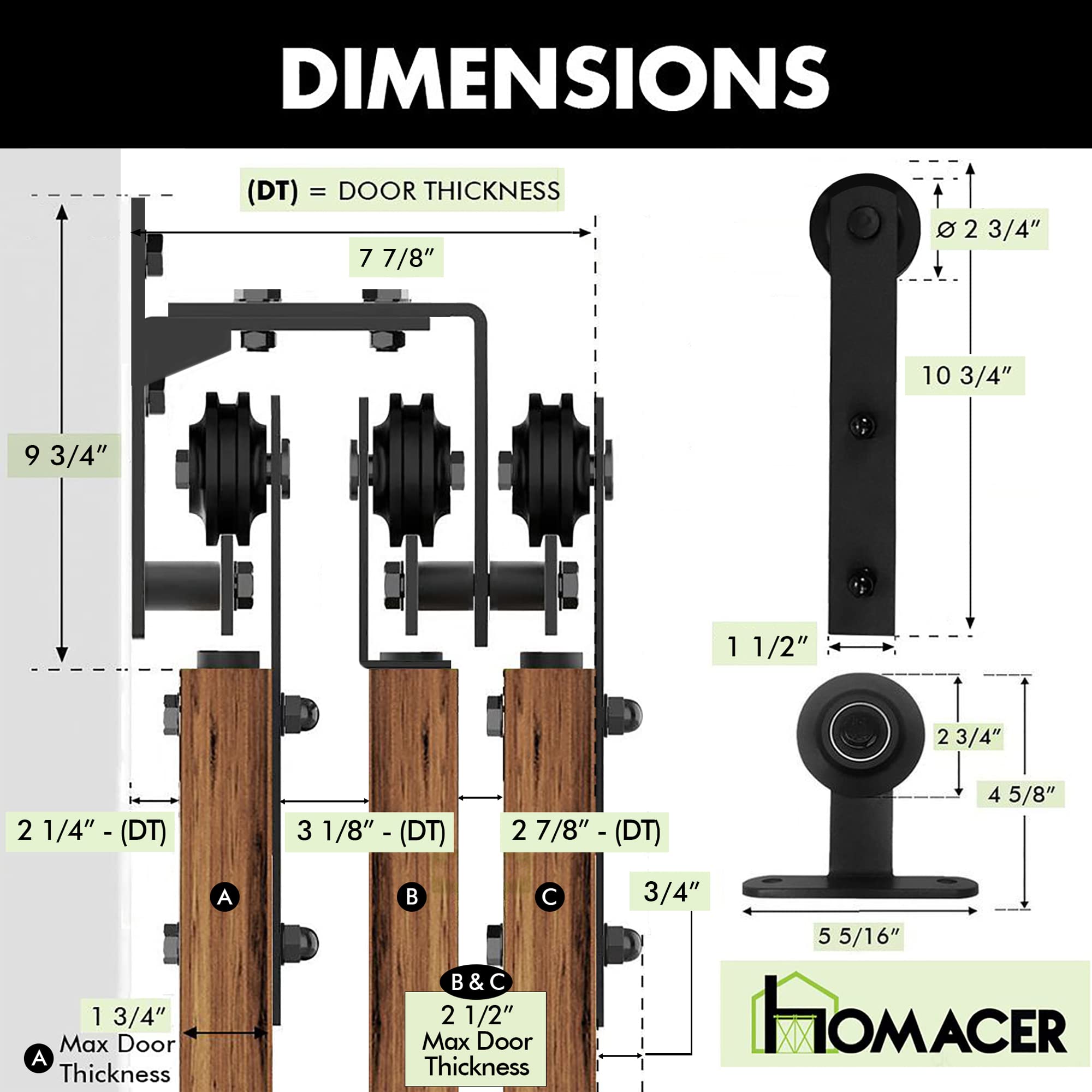 Homacer Black Rustic Triple Track Bypass Sliding Barn Door Hardware Kit (for Door Thickness 1-3/8in ~ 1-3/4in), Three 9ft Long Flat Tracks, for Three/Triple Interior Doors