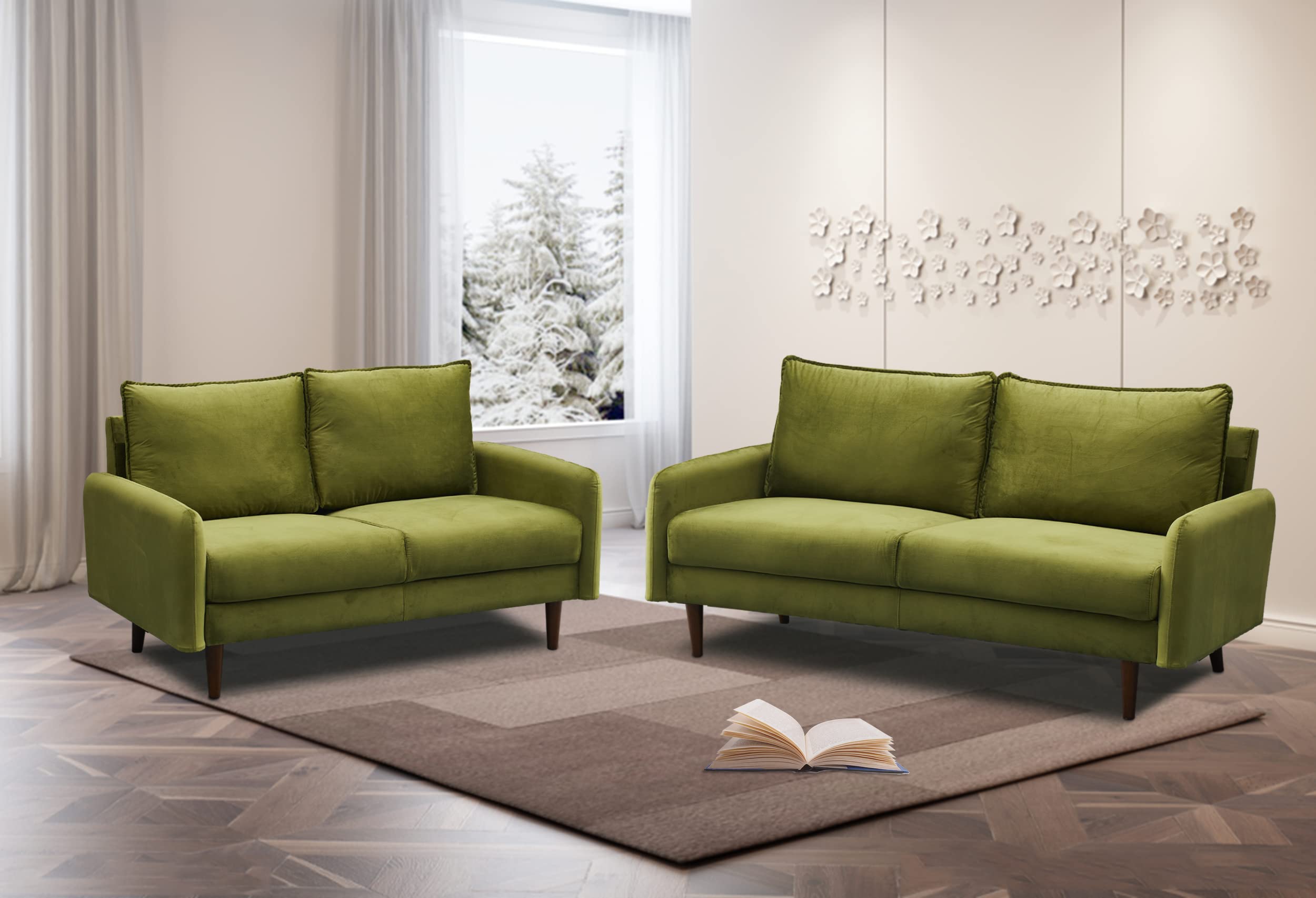 INSTORY Velvet Sofa Mid-Century Modern Couch with Wooden Legs for Living Room - Army Green