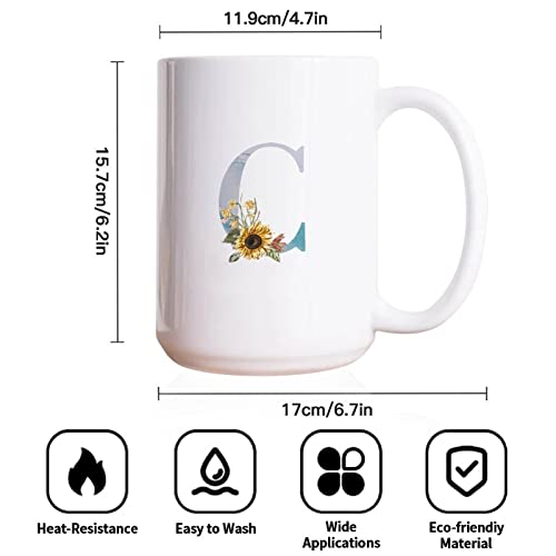 Yelolyio Watercolor Floral Monogram Coffee Mug, Alphabet Initial Letter C Coffee Cup, Monogram Mug Cup, 15oz