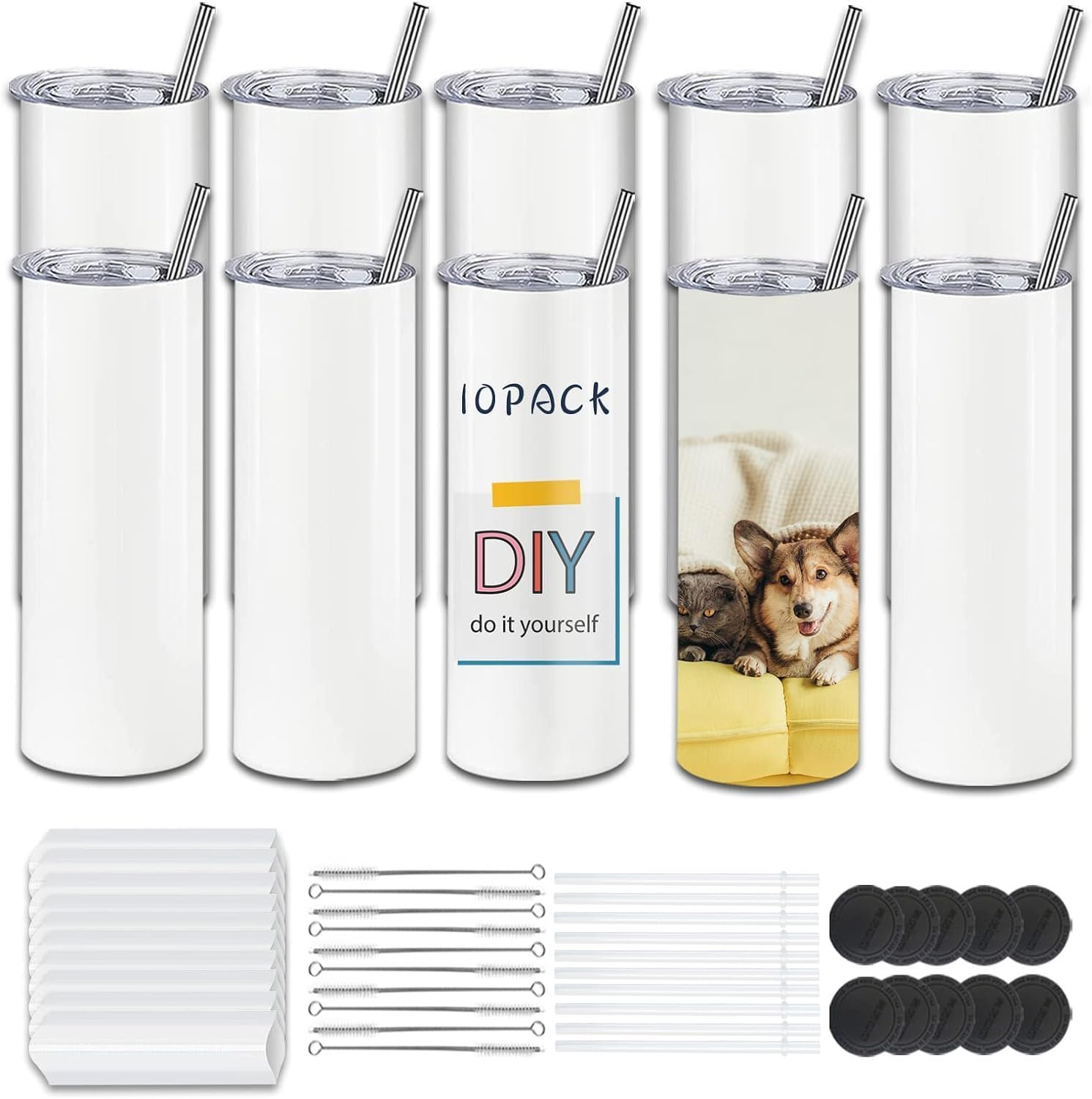 Kocdam 10 Pack 20oz Sublimation Tumblers Blanks Products, Stainless Steel Double Wall Sublimation Tumbler with Lid and Straw, Polymer Coating for Heat Transfer Customized Gifts
