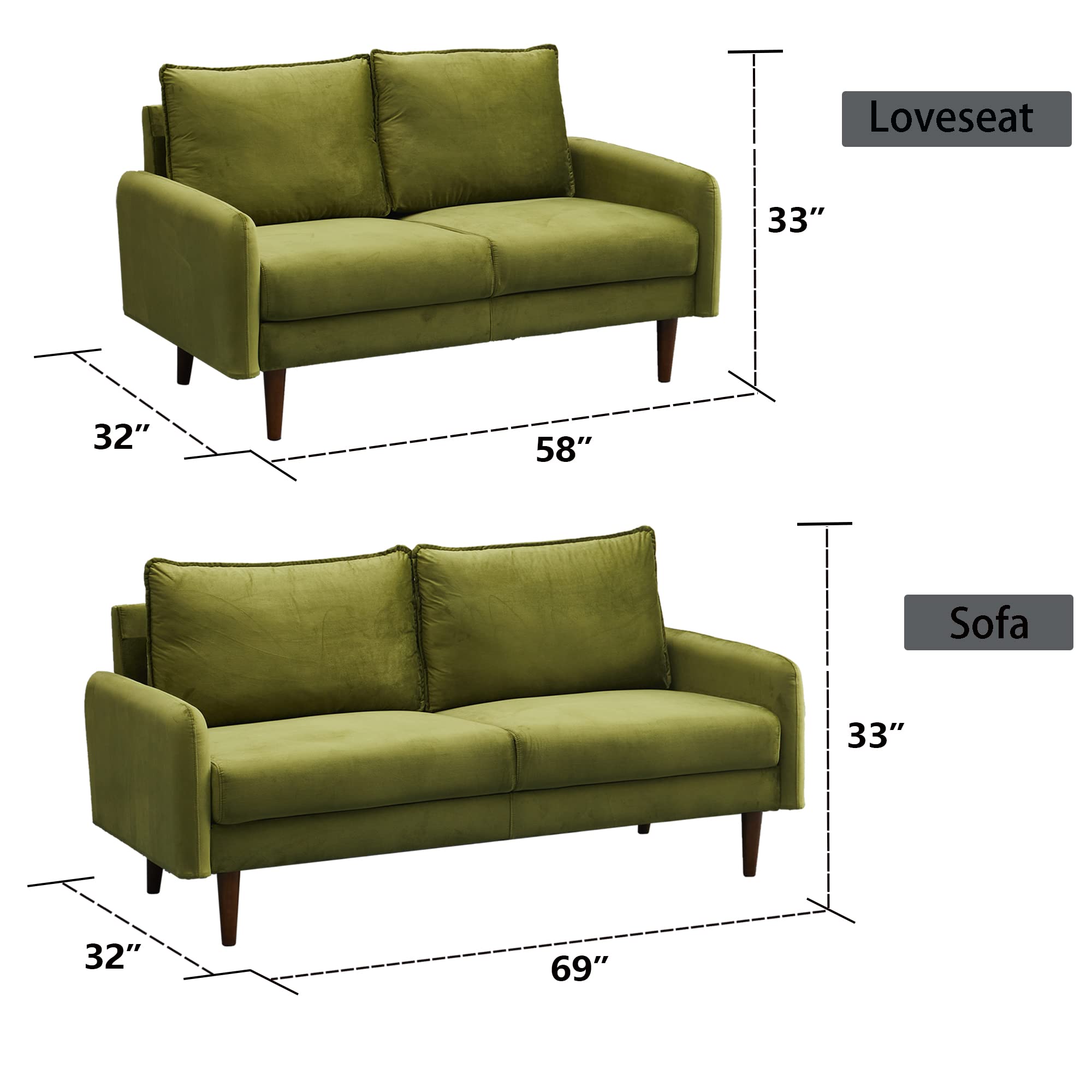 INSTORY Velvet Sofa Mid-Century Modern Couch with Wooden Legs for Living Room - Army Green