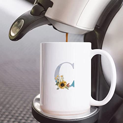 Yelolyio Watercolor Floral Monogram Coffee Mug, Alphabet Initial Letter C Coffee Cup, Monogram Mug Cup, 15oz
