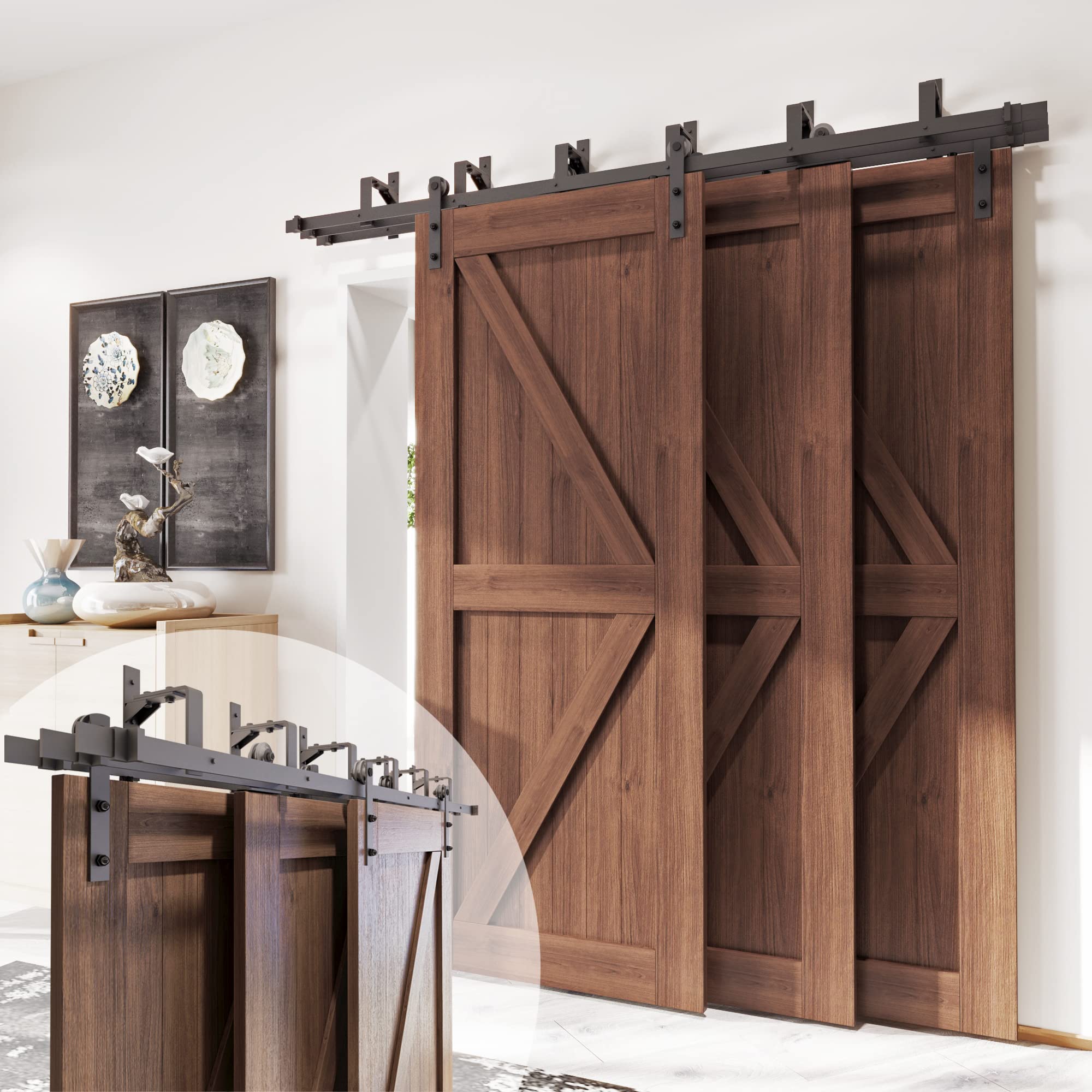 Homacer Black Rustic Triple Track Bypass Sliding Barn Door Hardware Kit (for Door Thickness 1-3/8in ~ 1-3/4in), Three 9ft Long Flat Tracks, for Three/Triple Interior Doors
