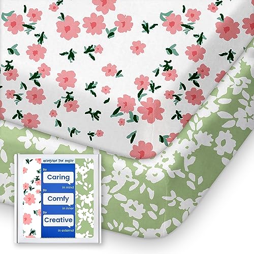 Graco Pack N Play Sheets Fitted, TotBasic Buttery Soft Portable Crib Sheets, Super Stretchy Jersey Cotton Pack and Play Sheet, Mini Crib Sheets Floral, 2 Pack Playard Sheets Cute Flower, Green & Pink