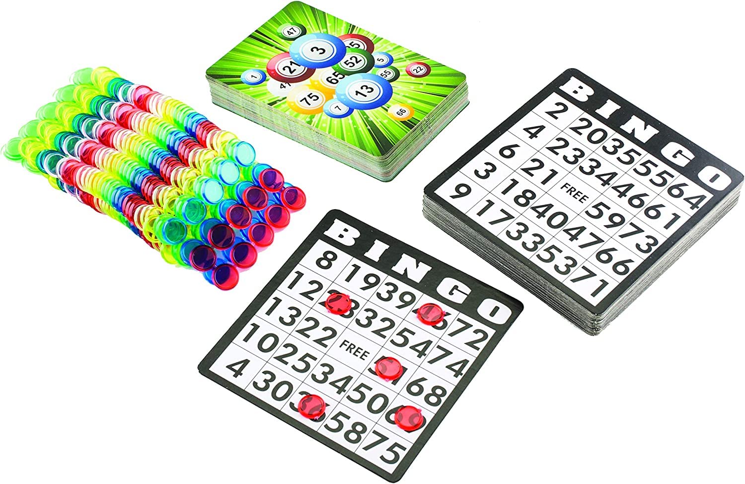 POMPIN Complete Bingo Game Set with 75 Large Bingo Call Cards, 10 Playing Boards, 200 Bingo Color Chips
