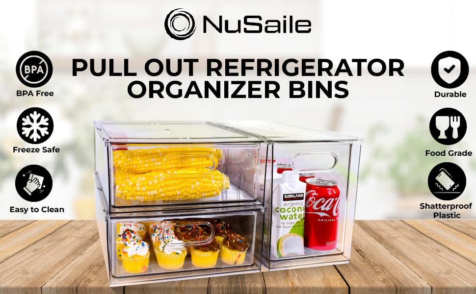 NuSaile Stackable Refrigerator Organizer Bins Pull Out Drawers with Handles - Vegetable and Fruit Storage Containers for Fridge - Kitchen Food Storage Bins - 9L+6L with Dividers+3L+3L (4 PC Set)