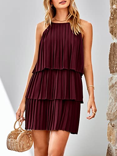 NALANISA 2023 Womens Summer Dresses Halter Pleated Tiered Flowy Sleeveless Mini Short Sundress Elegant Casual Cocktail Party(Wine Red, Medium)
