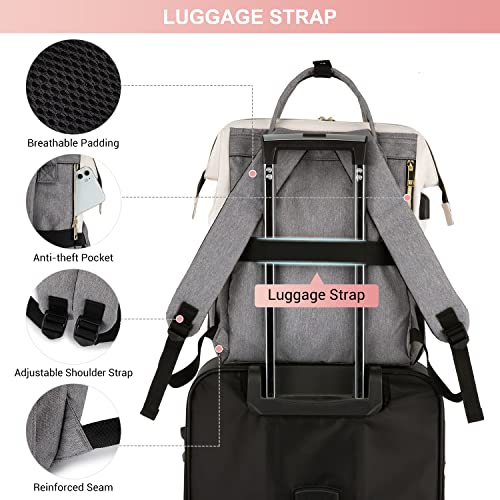 LOVEVOOK Laptop Backpack Purse for Women, 18 Inch Computer Business Stylish Backpacks, Doctor Nurse Bags for Work, Casual Daypack Backpack with USB Port, White-Grey