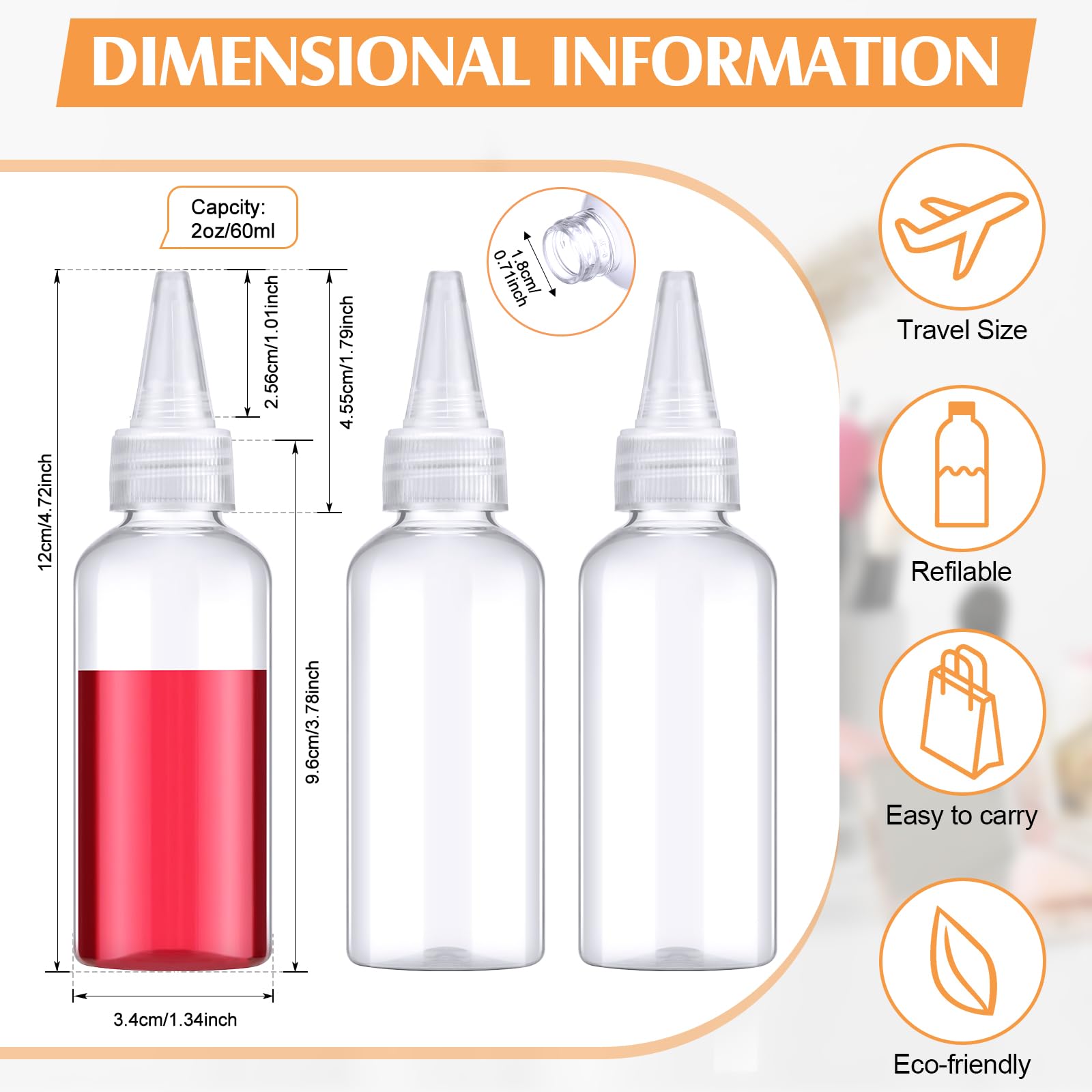 Eccliy 60 Pieces 2 oz 60 ml Plastic Bottles Applicator with Twist Top Cap Pet Refillable Plastic Empty Applicator Bottle for Hair with Clear Twist Top Cap for Hair Oils and Liquids