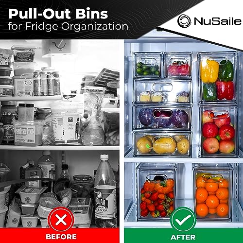 NuSaile Stackable Refrigerator Organizer Bins Pull Out Drawers with Handles - Vegetable and Fruit Storage Containers for Fridge - Kitchen Food Storage Bins - 9L+6L with Dividers+3L+3L (4 PC Set)