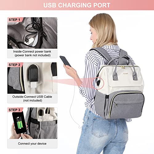 LOVEVOOK Laptop Backpack Purse for Women, 18 Inch Computer Business Stylish Backpacks, Doctor Nurse Bags for Work, Casual Daypack Backpack with USB Port, White-Grey