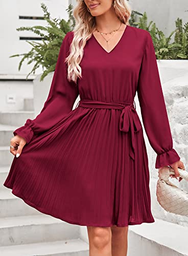 PRETTYGARDEN Women's Casual Spring Fall Dresses Long Puff Sleeve V Neck Pleated Ruffle Flowy Belted Dress (Wine Red,Medium)