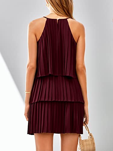 NALANISA 2023 Womens Summer Dresses Halter Pleated Tiered Flowy Sleeveless Mini Short Sundress Elegant Casual Cocktail Party(Wine Red, Medium)