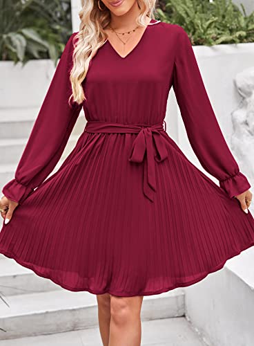 PRETTYGARDEN Women's Casual Spring Fall Dresses Long Puff Sleeve V Neck Pleated Ruffle Flowy Belted Dress (Wine Red,Medium)