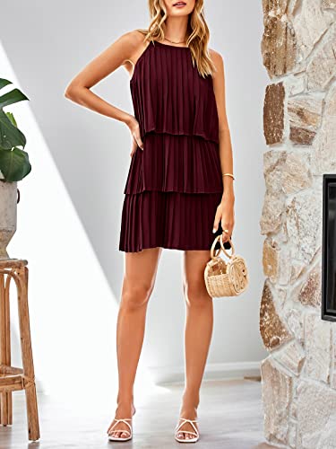 NALANISA 2023 Womens Summer Dresses Halter Pleated Tiered Flowy Sleeveless Mini Short Sundress Elegant Casual Cocktail Party(Wine Red, Medium)