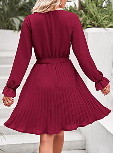 PRETTYGARDEN Women's Casual Spring Fall Dresses Long Puff Sleeve V Neck Pleated Ruffle Flowy Belted Dress (Wine Red,Medium)