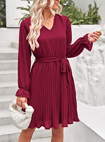 PRETTYGARDEN Women's Casual Spring Fall Dresses Long Puff Sleeve V Neck Pleated Ruffle Flowy Belted Dress (Wine Red,Medium)