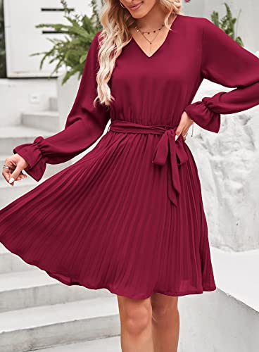 PRETTYGARDEN Women's Casual Spring Fall Dresses Long Puff Sleeve V Neck Pleated Ruffle Flowy Belted Dress (Wine Red,Medium)