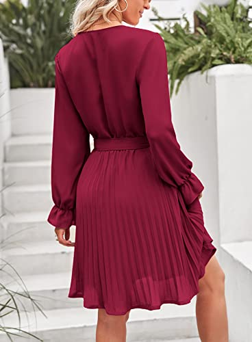 PRETTYGARDEN Women's Casual Spring Fall Dresses Long Puff Sleeve V Neck Pleated Ruffle Flowy Belted Dress (Wine Red,Medium)