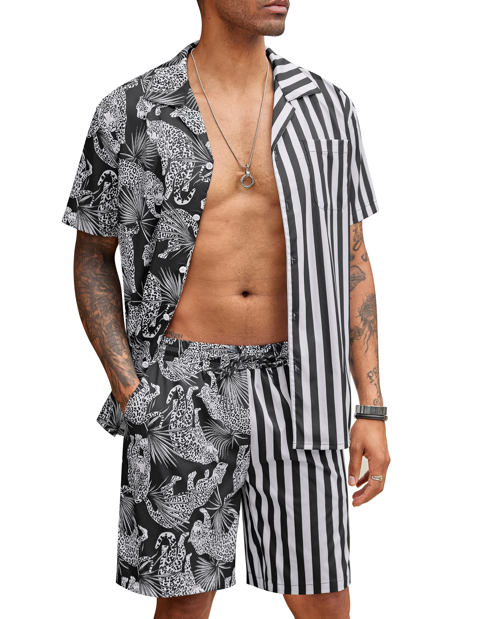 COOFANDY Men Striped Short Set Hawaiian Floral Short Sleeve Shirt Beach Set Outfits Black Leopard