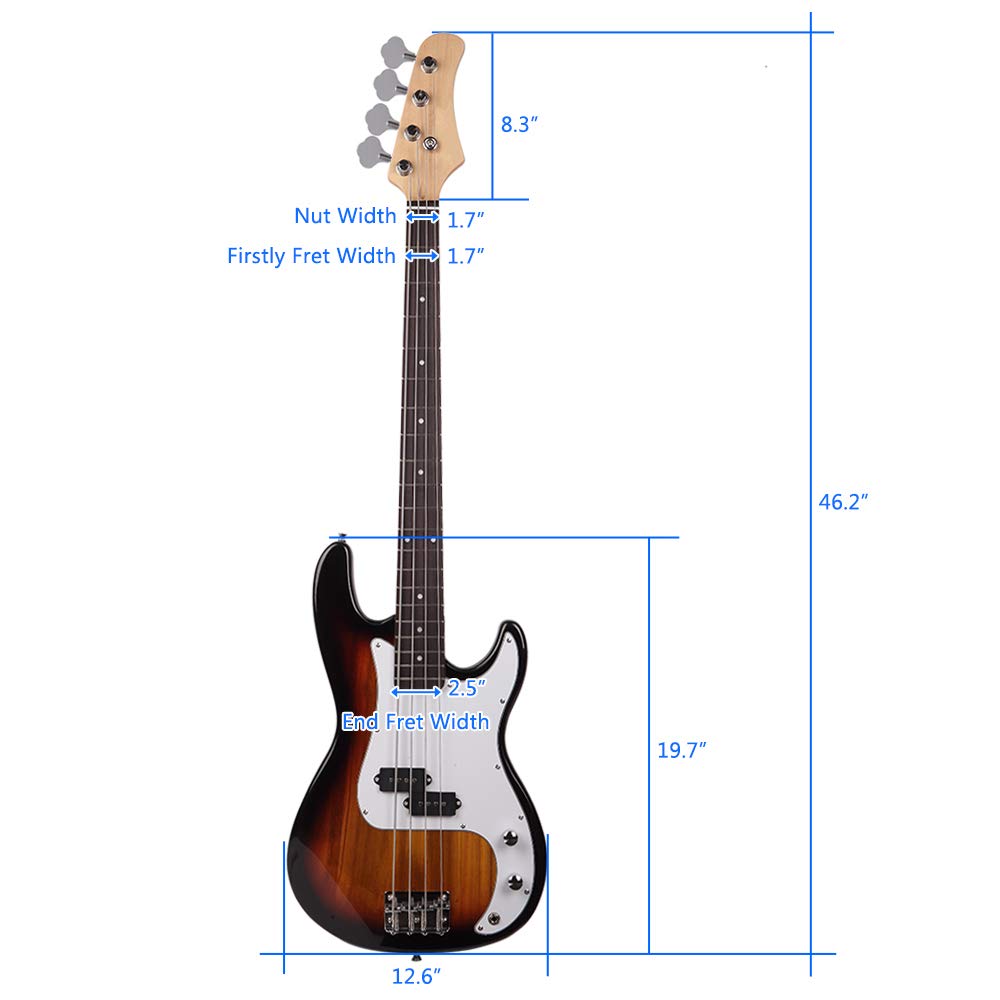 Vasitelan Electric Bass Guitar Full Size 4 String 46 Inch Bass (Brown)