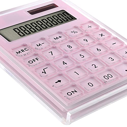 EXPUTRAN Acrylic Calculator with Stand, Battery and Solar Hybrid Powered Basic Calculator 12-Digit LCD Display,Home Office Desktop Accessories(Pink)