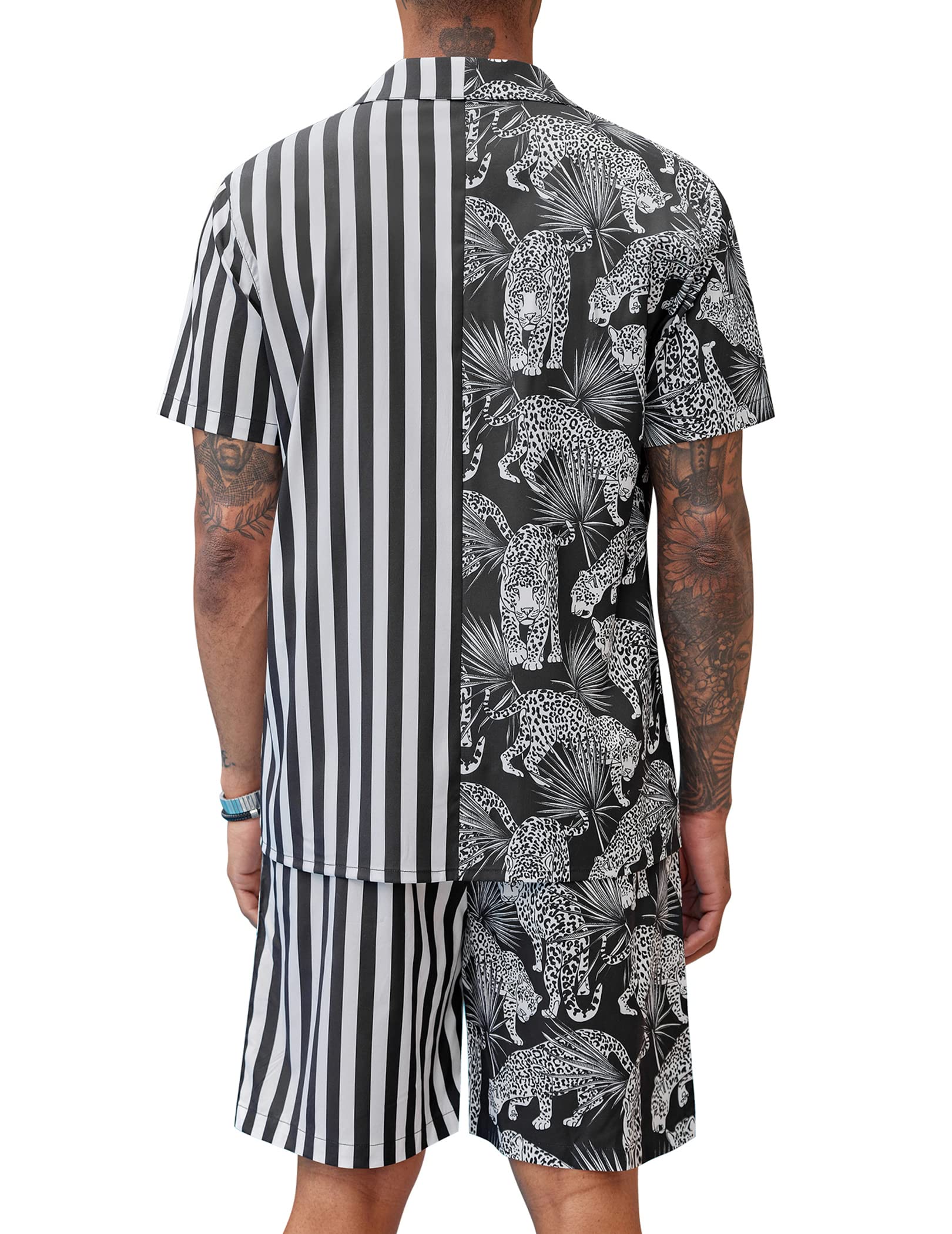 COOFANDY Men Striped Short Set Hawaiian Floral Short Sleeve Shirt Beach Set Outfits Black Leopard