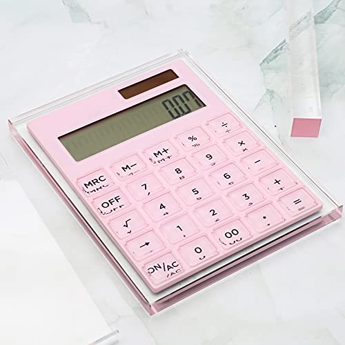 EXPUTRAN Acrylic Calculator with Stand, Battery and Solar Hybrid Powered Basic Calculator 12-Digit LCD Display,Home Office Desktop Accessories(Pink)