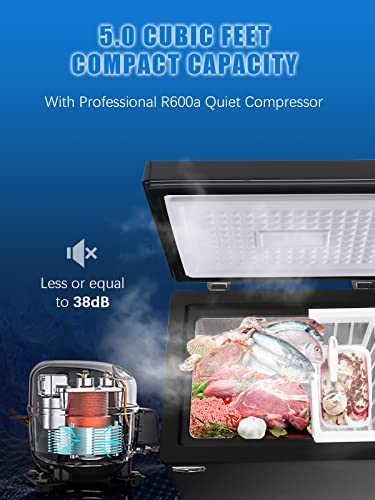 Chest Freezer Freestanding Deep Freezer 5.0 Cu Ft with Storage Basket and Adjustable Feet Top Open Door Small Compact Freezer Adjustable Thermostats for Garage Dorm Kitchen Office Business, Black
