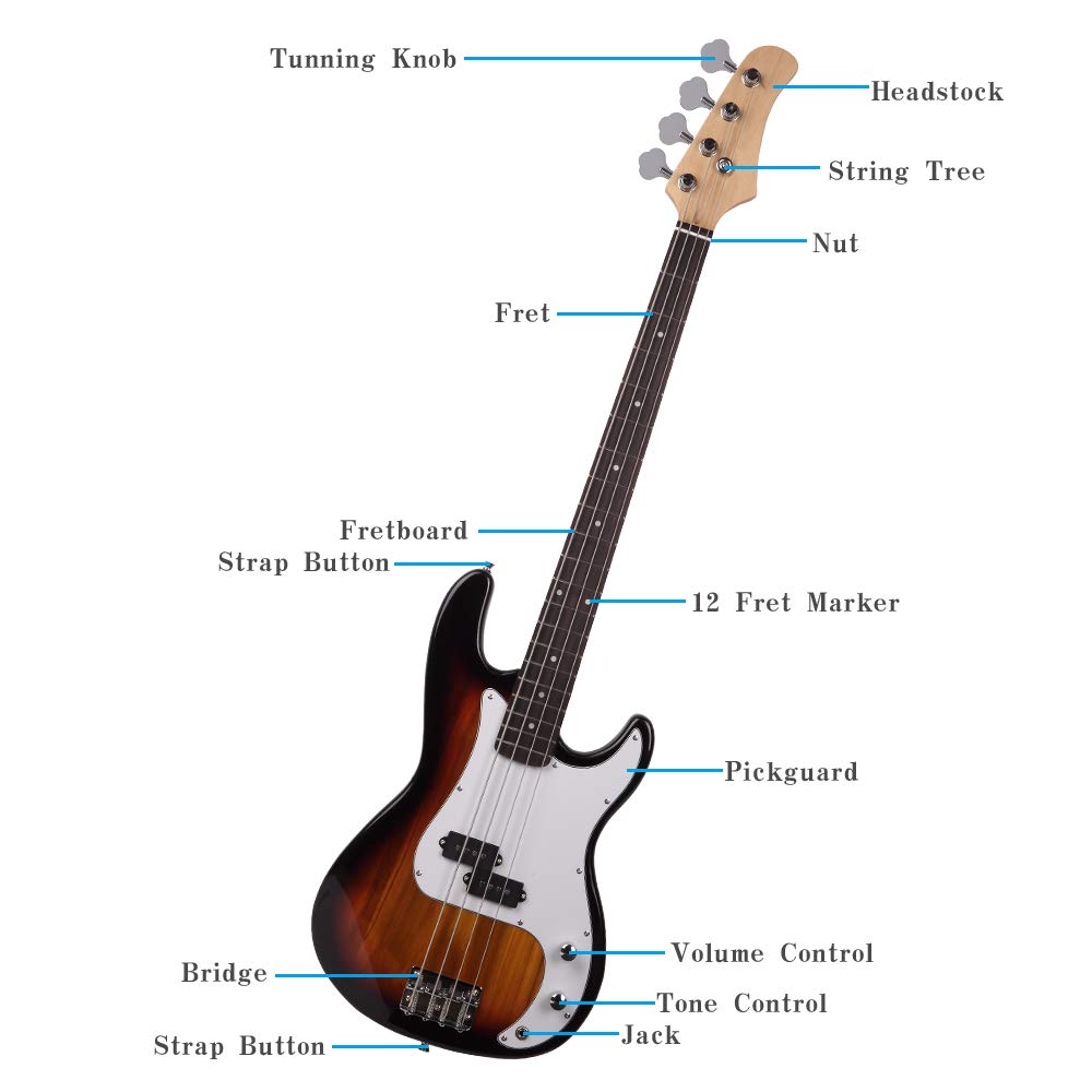 Vasitelan Electric Bass Guitar Full Size 4 String 46 Inch Bass (Brown)