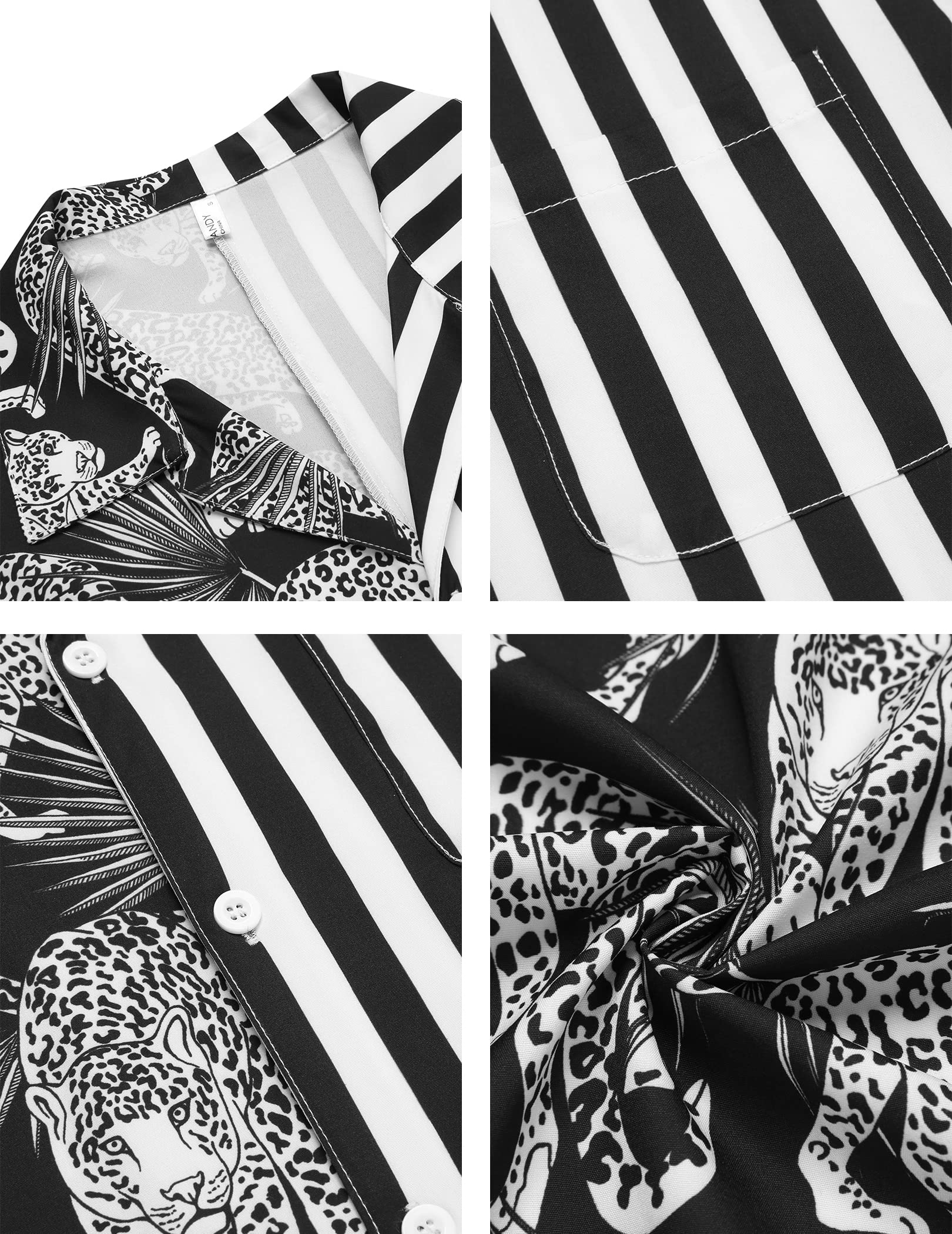 COOFANDY Men Striped Short Set Hawaiian Floral Short Sleeve Shirt Beach Set Outfits Black Leopard