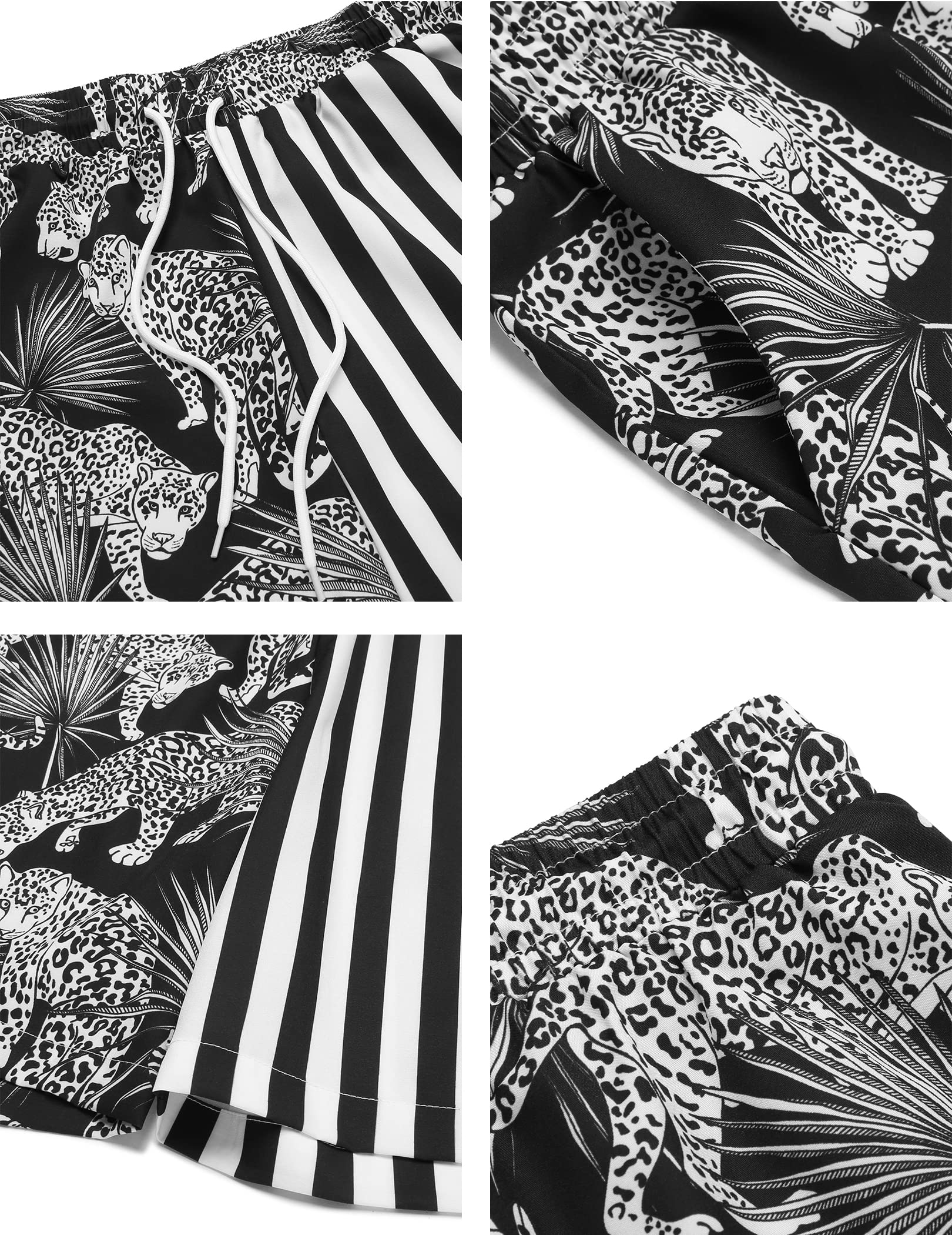 COOFANDY Men Striped Short Set Hawaiian Floral Short Sleeve Shirt Beach Set Outfits Black Leopard
