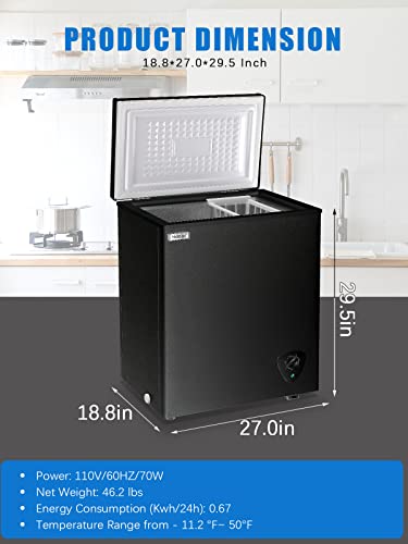 Chest Freezer Freestanding Deep Freezer 5.0 Cu Ft with Storage Basket and Adjustable Feet Top Open Door Small Compact Freezer Adjustable Thermostats for Garage Dorm Kitchen Office Business, Black