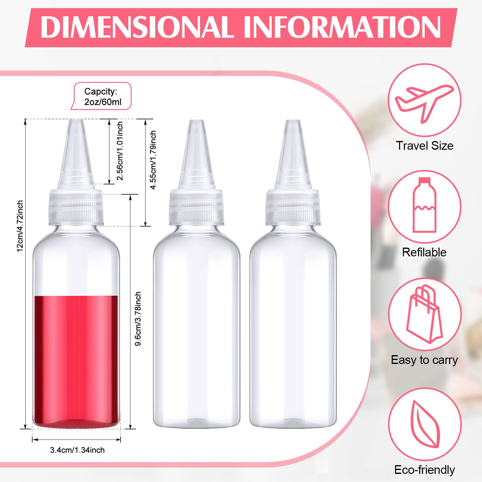 Eccliy 60 Pieces 2 oz 60 ml Plastic Bottles Applicator with Twist Top Cap Pet Refillable Plastic Empty Applicator Bottle for Hair with Clear Twist Top Cap for Hair Oils and Liquids