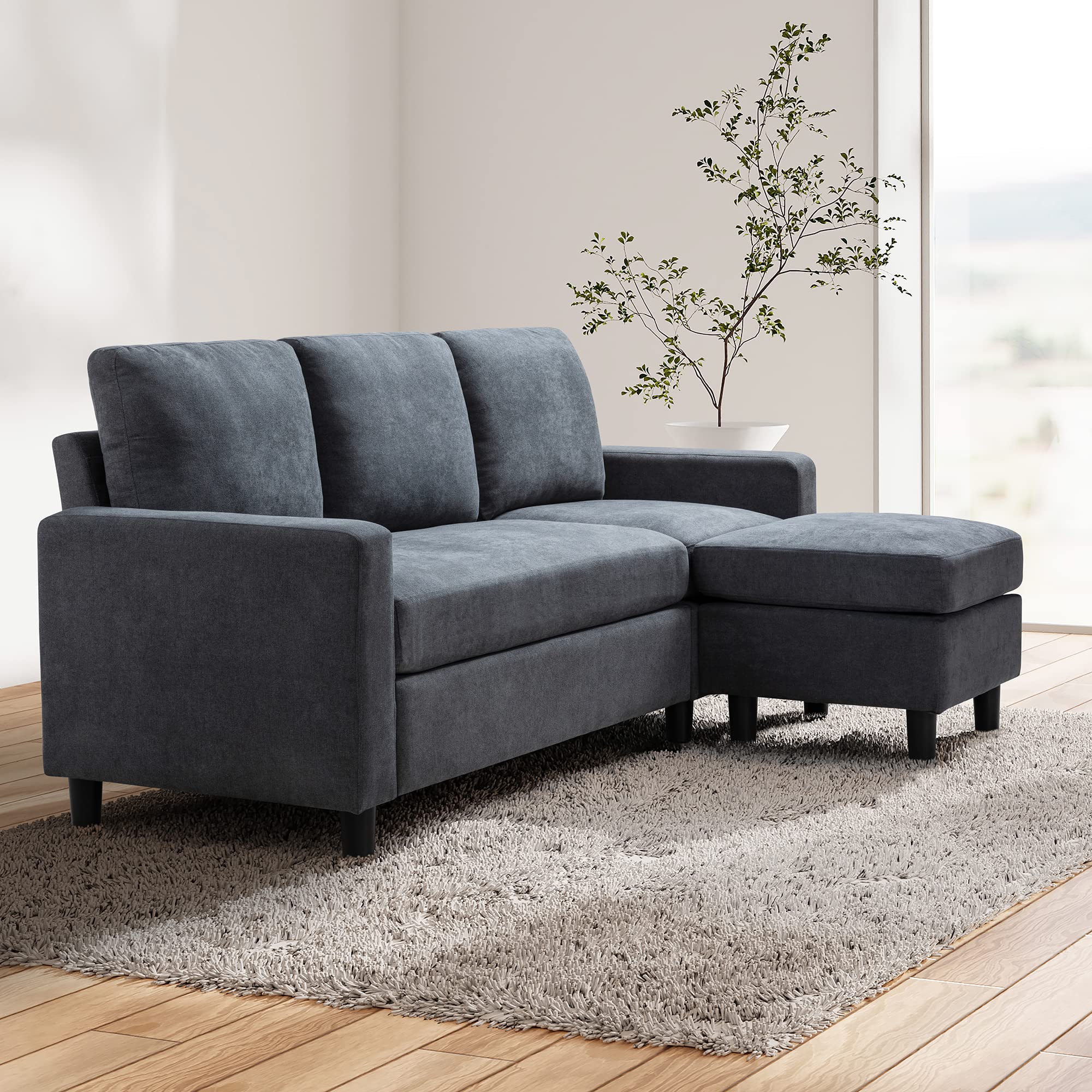 SUNLEI 79'' Convertible Sectional Sofa, L Shaped Couch Reversible Chaise Modern Linen Fabric for Small Space(Dark Grey)