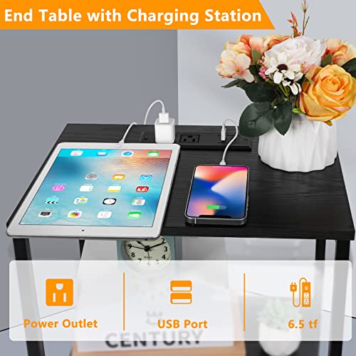 Vrisa Nightstand with Charging Station Black Bedside Table Fabric Drawers End Table with Open Shelf Night Stand with USB Port and AC Outlet for Bedroom