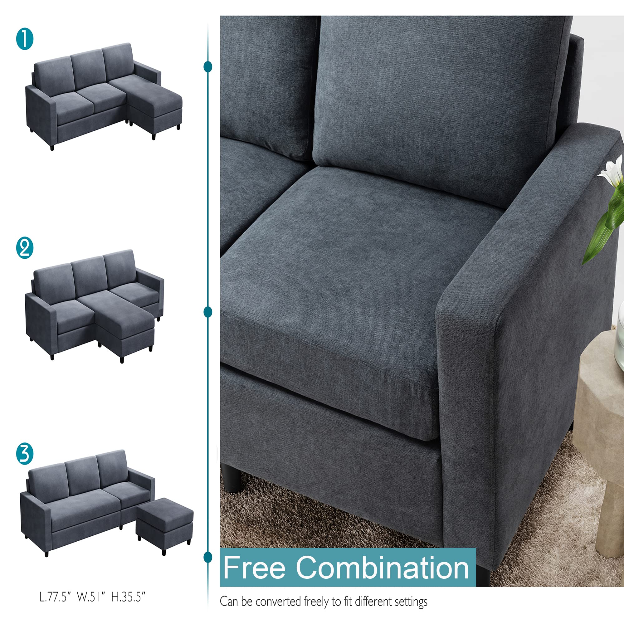 SUNLEI 79'' Convertible Sectional Sofa, L Shaped Couch Reversible Chaise Modern Linen Fabric for Small Space(Dark Grey)