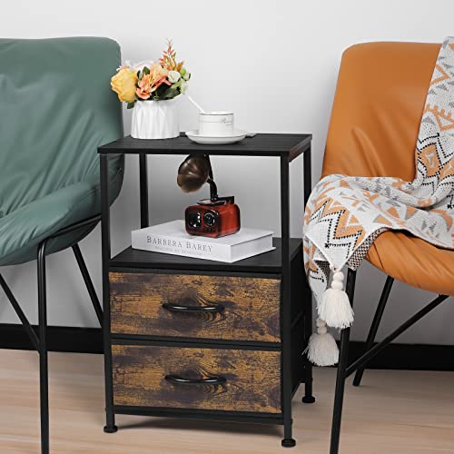 Vrisa Nightstand with Charging Station Black Bedside Table Fabric Drawers End Table with Open Shelf Night Stand with USB Port and AC Outlet for Bedroom