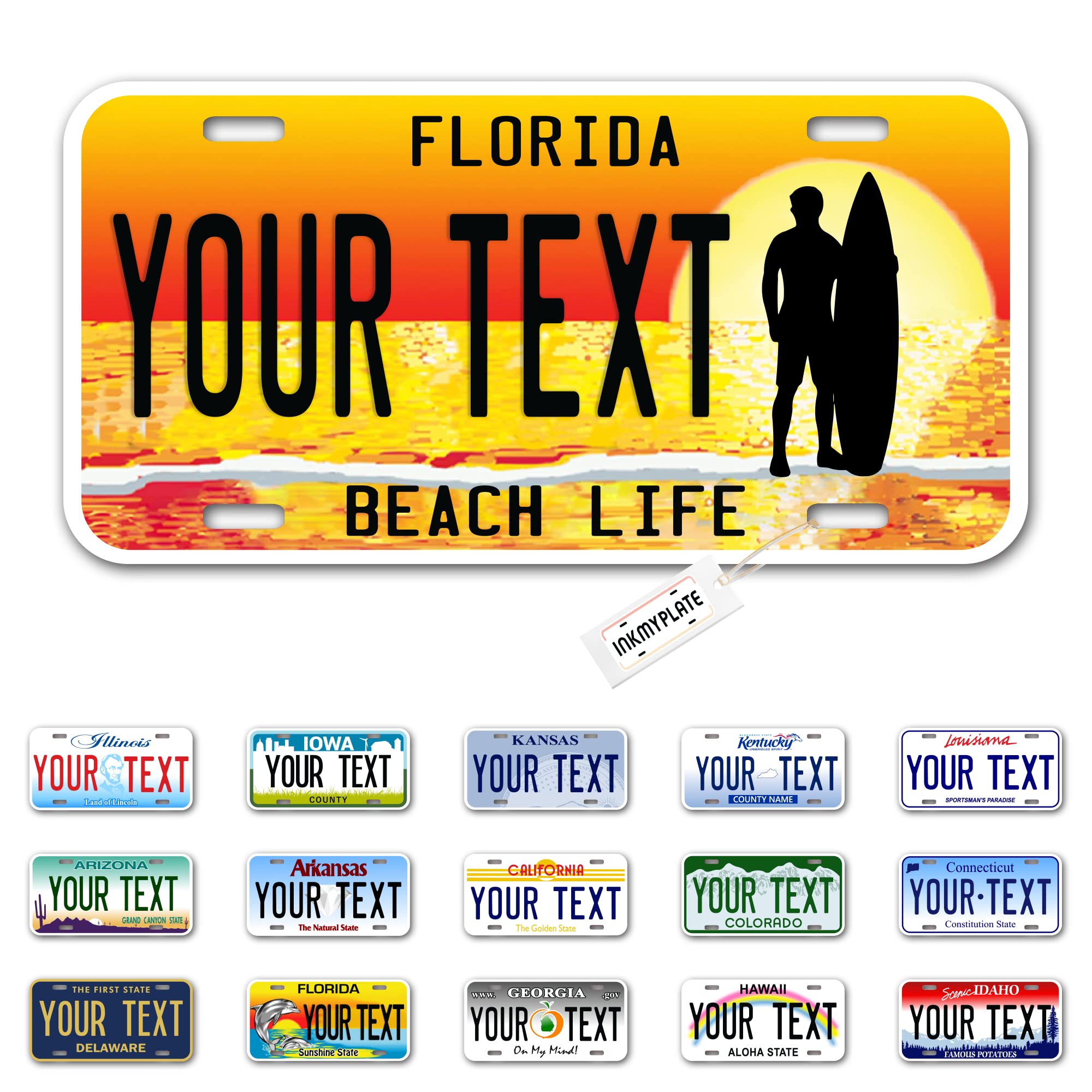 InkMyPlate Personalized Florida Beach Car License Plate | 12x6 Inch | Select from All 50 States | 3 Sizes | Custom Plate for Front Car Bumper | Personalized Car Tags | USA Thick .040 Aluminum
