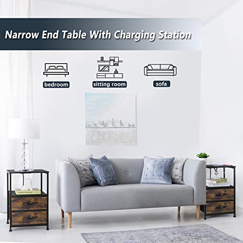 Vrisa Nightstand with Charging Station Black Bedside Table Fabric Drawers End Table with Open Shelf Night Stand with USB Port and AC Outlet for Bedroom