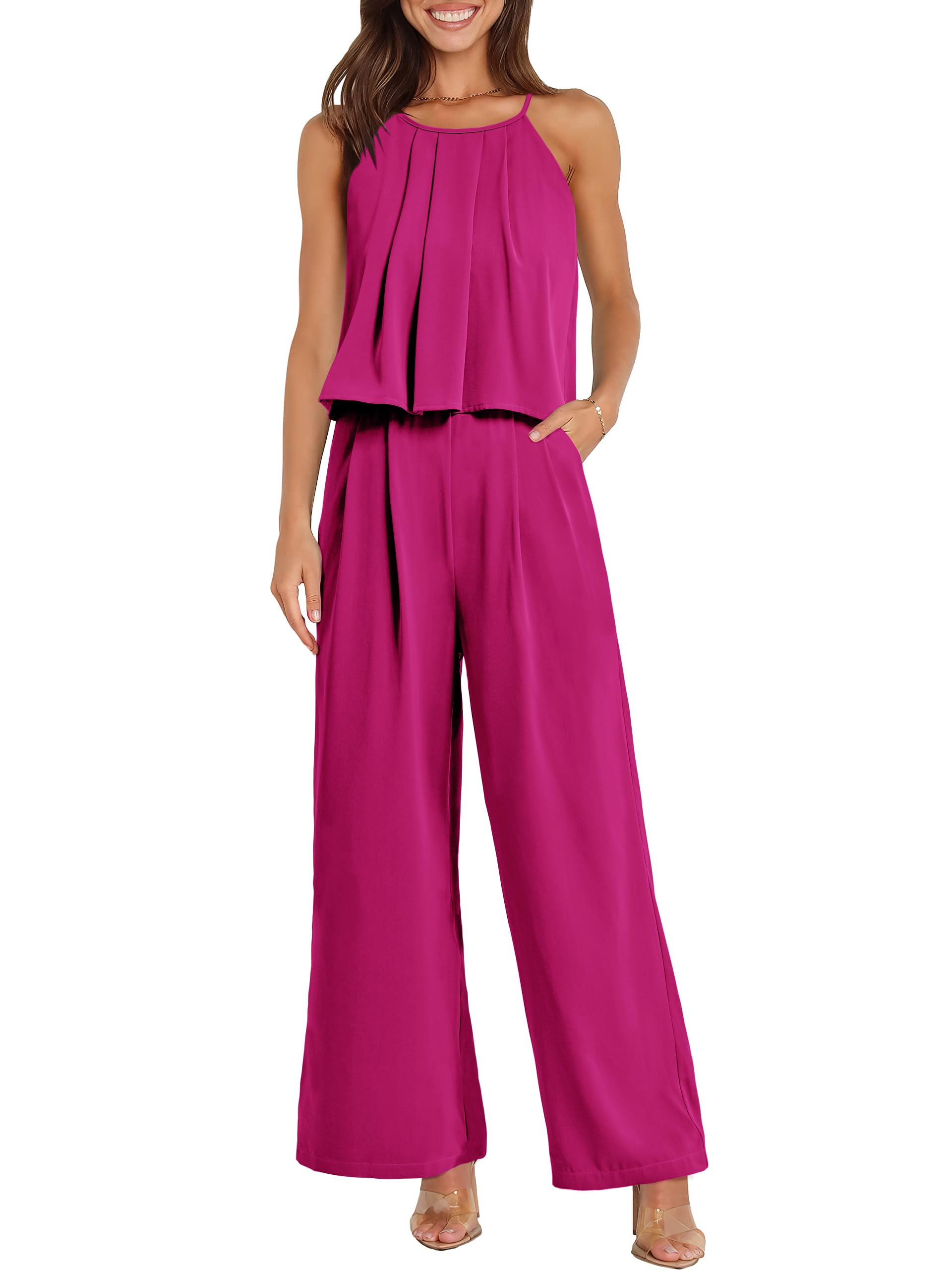 PRETTYGARDEN PRETTYGRADEN Women's Casual Summer Sleeveless Jumpsuit Halter Neck Wide Leg Pants Rompers One Piece Outfits (Rose Red,X-Large)