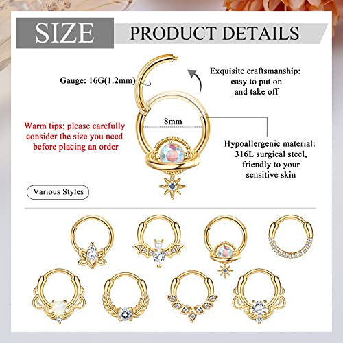 SAILIMUE 8Pcs 16G Septum Rings Daith Earrings Septum Piercing Jewelry 316L Stainless Steel CZ Opal Dangle Hinged Segment Septum Clicker Nose Rings Hoop Piercing Jewelry Gold 8MM