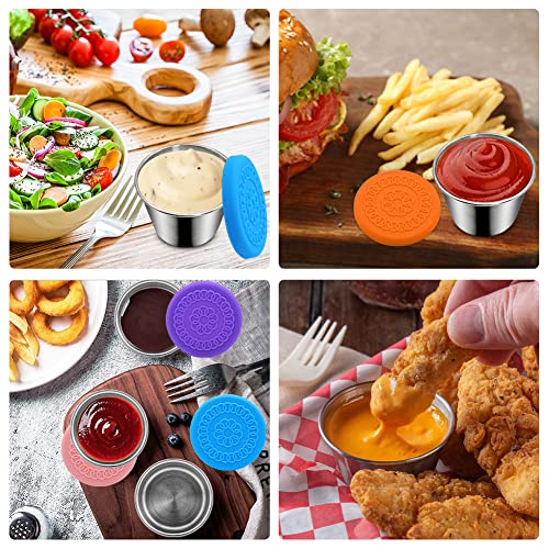 6Pack 2.4oz Small Condiment Containers with Lids, Salad Dressing Container To Go, Stainless Steel Sauce Container with Silicone Lids, Leakproof, Reusable, Small Dipping Sauce Cups with Lids