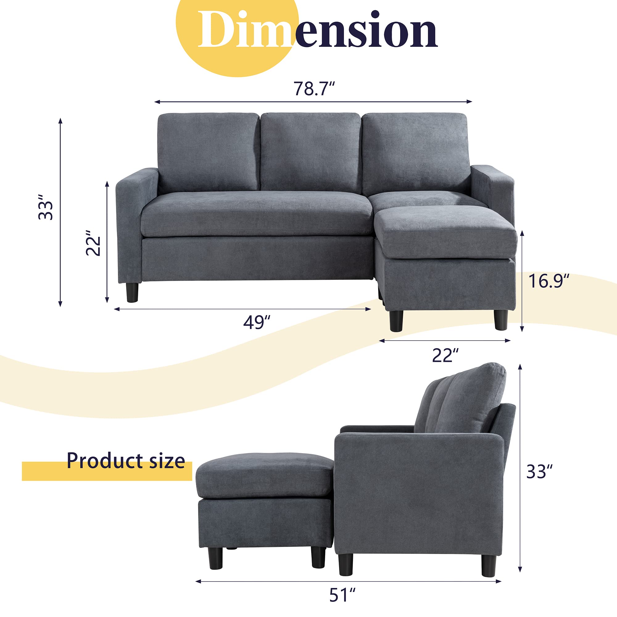 SUNLEI 79'' Convertible Sectional Sofa, L Shaped Couch Reversible Chaise Modern Linen Fabric for Small Space(Dark Grey)