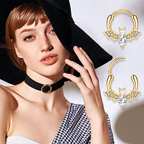 SAILIMUE 8Pcs 16G Septum Rings Daith Earrings Septum Piercing Jewelry 316L Stainless Steel CZ Opal Dangle Hinged Segment Septum Clicker Nose Rings Hoop Piercing Jewelry Gold 8MM
